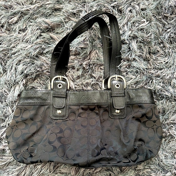 Coach | Bags | Coach Signature Black Canvas Medium Shoulder Bag | Poshmark